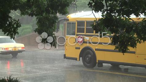Rain And School Bus At The Intersection Stock Footage Bus School Rain