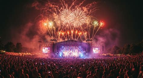 Music Festival Crowd At Night With Fireworks Colorful Stage Lights And