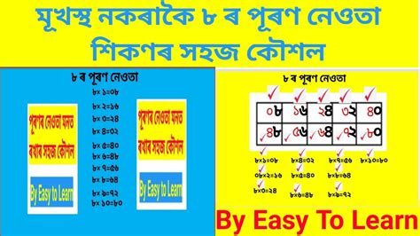Learning Multiplication Table In Assamese মূখস্থ নকৰাকৈ ৮ ৰ পূৰণ নেওতা