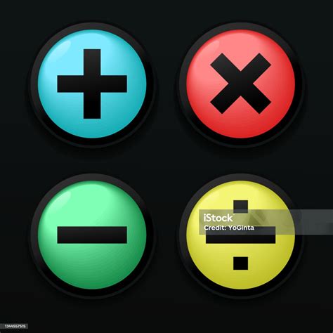 계산기 사인 버튼입니다 또한 마이너스 곱셈 및 분할 기호를 지정합니다 수학 개념 다채로운 버튼 어두운 배경에 격리 더하기 키에 대한 스톡 벡터 아트 및 기타 이미지 Istock