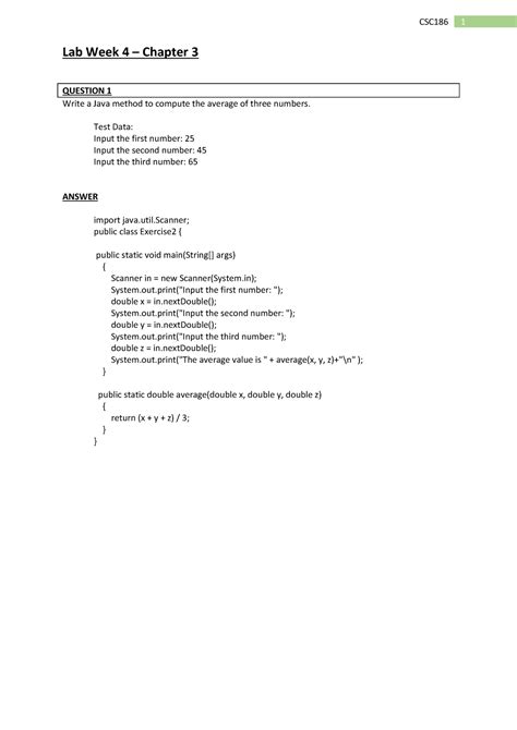 Questions To Add And Find Average CSC Lab Week Chapter QUESTION Write A Java