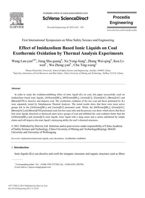 Pdf Effect Of Imidazolium Based Ionic Liquids On Coal Exothermic