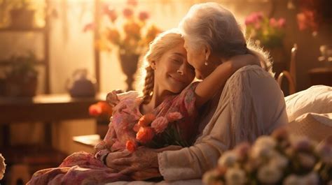 Premium Photo Woman Hugging Her Elderly Mother Ai Generative