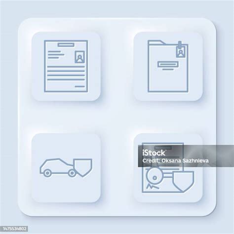 라인 설정 개인 문서 개인 폴더 방패가 있는 자동차 및 방패가 있는 키가 있는 문서 흰색 사각형 버튼 벡터 개성 개념에 대한