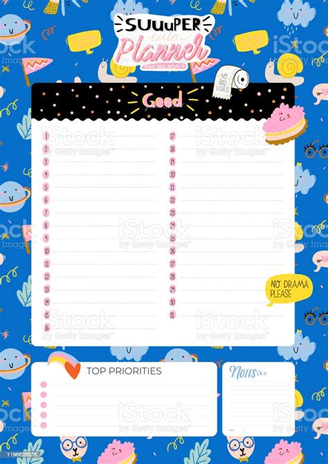 주간 또는 일일 플래너 노트 종이 할 목록 귀여운 아이 일러스트레이션과 영감 따옴표로 장식 스티커 템플릿의 컬렉션 0명에 대한 스톡 벡터 아트 및 기타 이미지 Istock