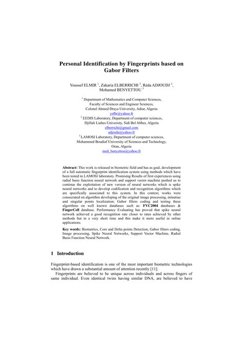 Pdf Personal Identification By Fingerprints Based On Gabor Filters