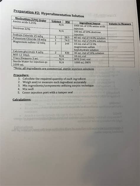 Preparation 3 Hyperalimentation Solution Medication