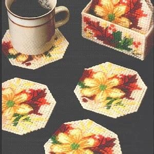 Vintage Plastic Canvas Pattern Autumn Flowers Coaster Set Pdf Instant