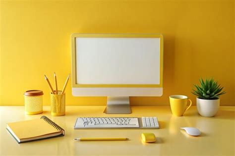 Desktop Mockup Template Computer On Yellow Work Desk With Blank Screen Premium Ai Generated Image