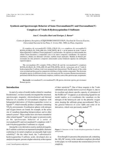 Pdf Synthesis And Spectroscopic Behavior Of Some Oxovanadiumiv And Oxovanadiumv Complexes