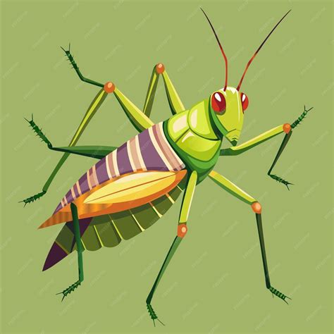 A Drawing Of A Green Grasshopper With A Yellow And Purple Striped Front