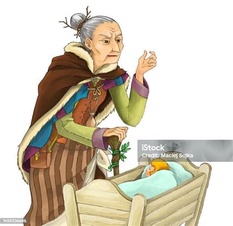 만화 동화 캐릭터나쁜 마녀 또는 마법사는 흰색 배경에 나무 요람에서 잠자는 아기 근처에 서 있습니다 어린이를위한 그림 고풍스런에 대한 스톡 벡터 아트 및 기타 이미지