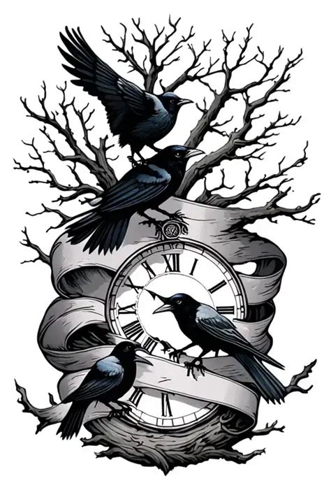 Black And Grey Night Sky Filler Crows Tree Branch Tattoo