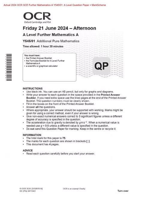 Actual 2024 Ocr Gce Further Mathematics A Y54501 Additional Pure