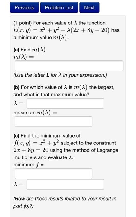 Solved For Each Value Of Lambda The Function Hx Y X2