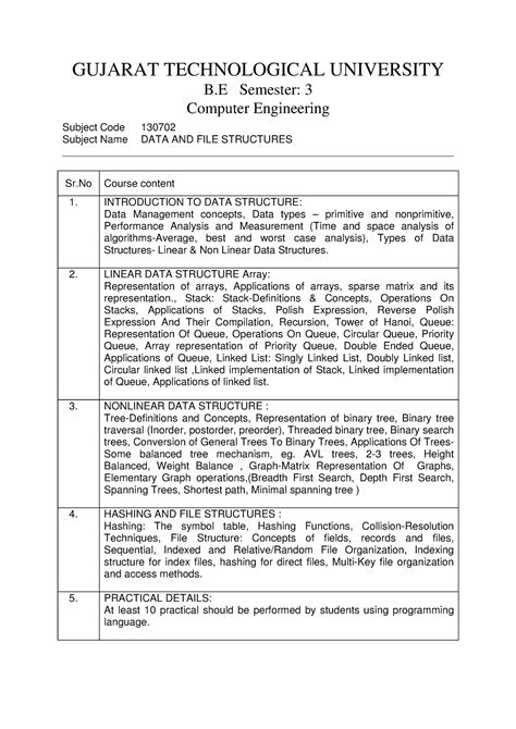 DATA AND FILE Structures GUJARAT TECHNOLOGICAL UNIVERSITY B Semester Computer Engineering