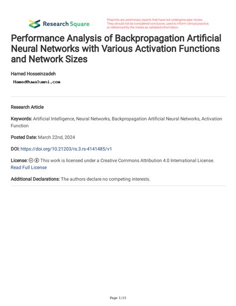 Pdf Performance Analysis Of Backpropagation Artificial Neural Networks With Various Activation