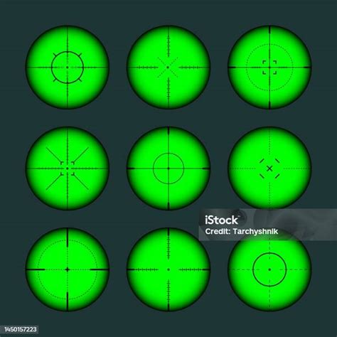 다양한 무기 야간 명소 저격 소총 광학 스코프 십자선이있는 사냥 총 뷰파인더 조준 촬영 마크 기호 군사 대상 표지판 실루엣 게임 Ui 요소입니다 벡터 일러스트 레이 션