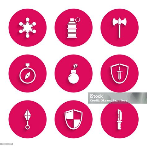 폭탄 방패 군용 칼 중세 방패 일본 닌자 수리검 나침반 도끼 및 경찰 배지 아이콘을 폭발 준비가되었습니다 벡터 강철에 대한 스톡 벡터 아트 및 기타 이미지 Istock