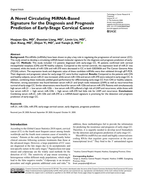 Pdf A Novel Circulating Mirna Based Signature For The Diagnosis And Prognosis Prediction Of