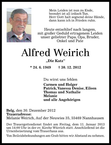 Traueranzeigen Von Alfred Weirich Rz Trauerde