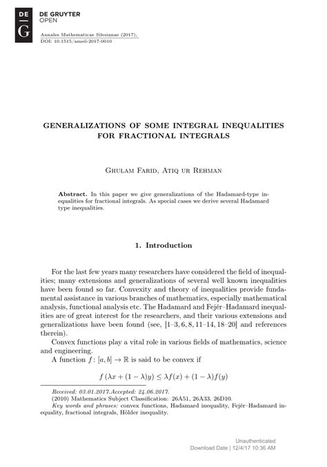 Pdf Generalizations Of Some Integral Inequalities For Fractional