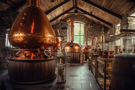 premium ai image whisky stills in a traditional distillery setting