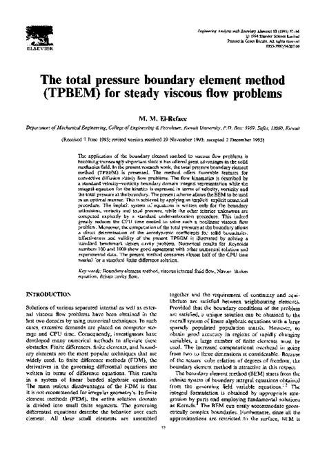 Pdf The Total Pressure Boundary Element Method Tpbem For Steady Viscous Flow Problems