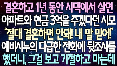 반전 사연 결혼하고 1년 동안 시댁에서 살면 아파트와 현금 3억을 주겠다던 시모 예비시누의 다급한 전화에 뒷조사를 했더니 그걸 보고 기절하고 마는데 사이다사연라디오