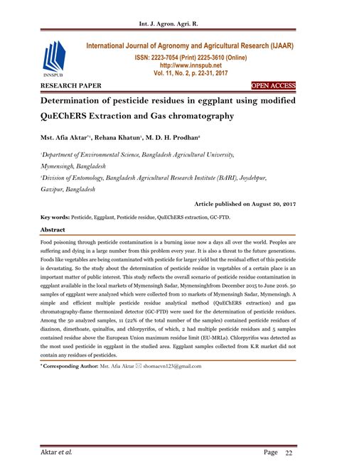 Pdf Determination Of Pesticide Residues In Eggplant Using Modified Quechers Extraction And Gas