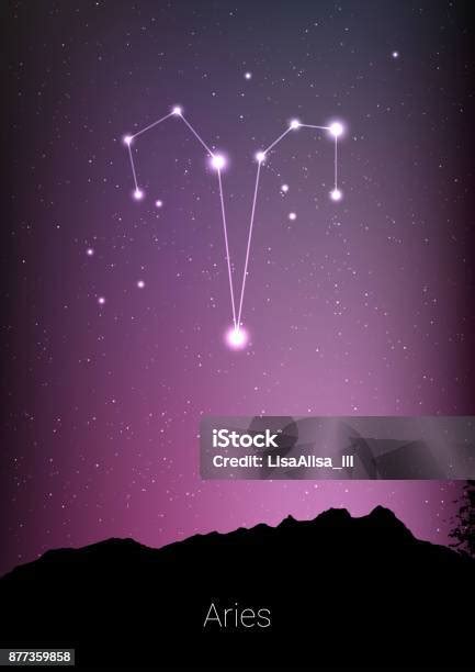 양자리 조디악 별자리 갤럭시와 뒤에 공간 아름 다운 밤하늘에 숲 풍경 실루엣으로 서명합니다 깊은 우주 배경에 양자리 별자리 기호 별자리입니다 카드 디자인 0명에 대한 스톡