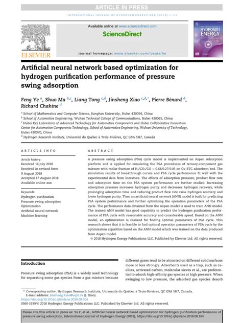 arti cial neural network based optimization for hydrogen puri cation
