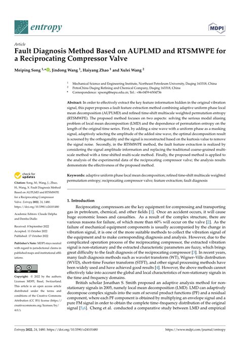 Pdf Fault Diagnosis Method Based On Auplmd And Rtsmwpe For A Reciprocating Compressor Valve