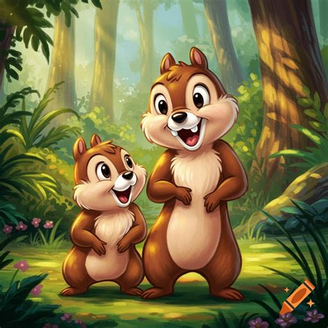 Two Cartoon Chipmunks Chip And Dale Standing In A Forest On Craiyon