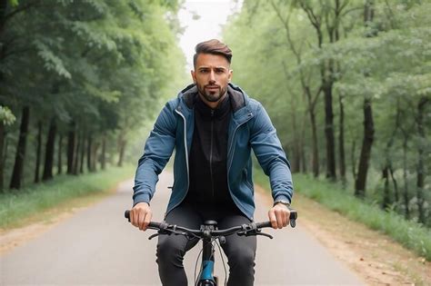 Premium Photo Front View Man Riding Bike Outdoors