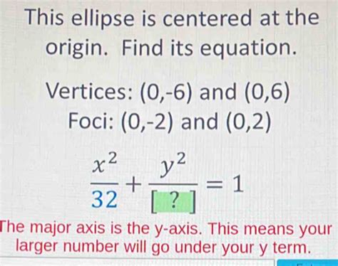 This Ellipse Is Centered At The Origin Find Its Equation Vertices 0 6 And 0 6 Fo [math]