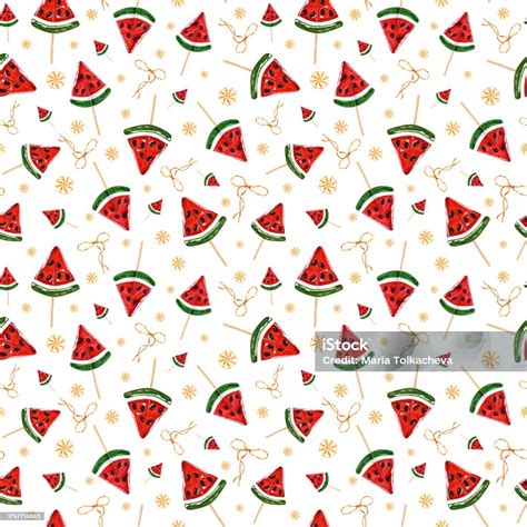 캐러멜 수박 조각 초콜릿 씨앗의 매끄러운 패턴 둥근 화려한 사탕 황금 리본 막대기 막대 사탕 설탕 캐러멜에 과일 사탕 흰색으로