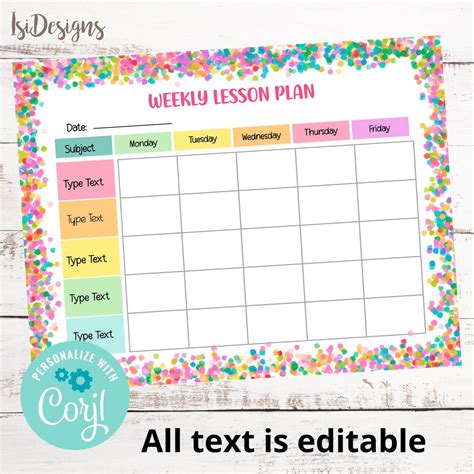 Editable Lesson Planner Weekly Teacher Lesson Plan Template Printable