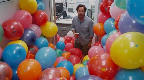 Premium Photo A Man In Office Room Filled With Colorful Balloons April Fools Day Prank Or
