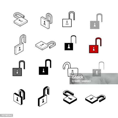 컬렉션 현대 벡터의 집합입니다 아이콘 멀티 3d 아이소메트릭 고체의 선 낙서 해치 낙서 그림자 아이소메트릭 유형과 흰색 배경 Eps10에 약간 색깔을 잠금 해제 개념에 대한