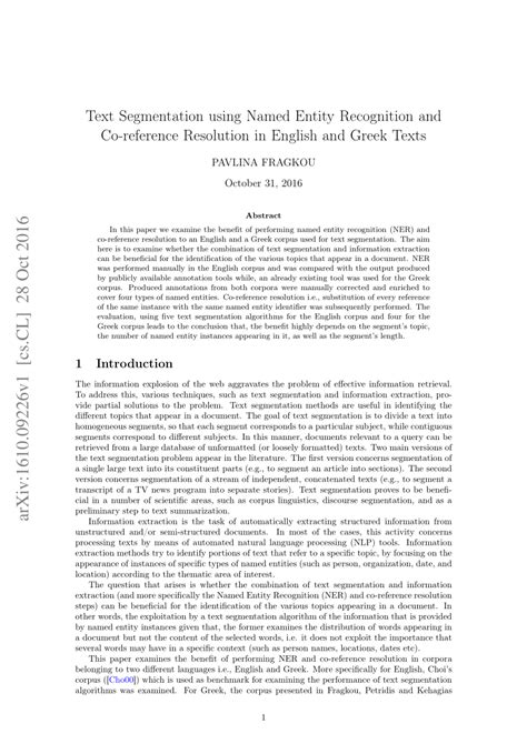 Pdf Text Segmentation Using Named Entity Recognition And Co Reference