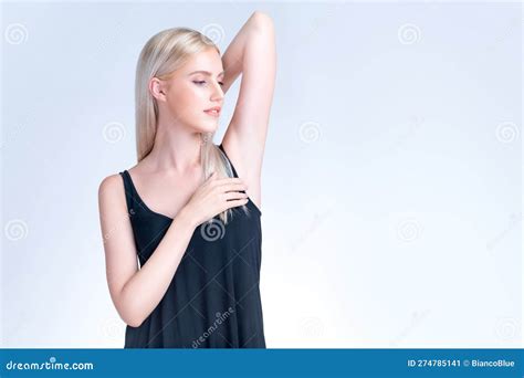 Personable Woman Lifting Her Armpit Showing Clean And Hygiene Underarm Stock Image Image Of
