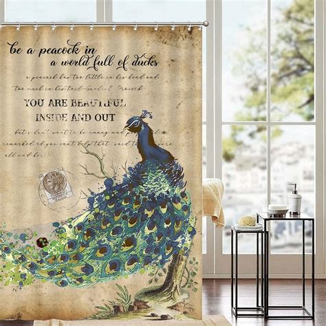 Peacock Flower Motto Vintage Shower Curtain Liner Restroom Bathroom