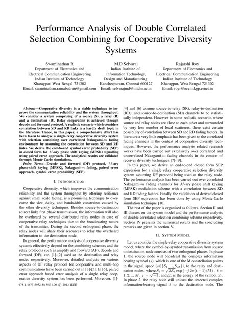 Pdf Performance Analysis Of Double Correlated Selection Combining For Cooperative Diversity