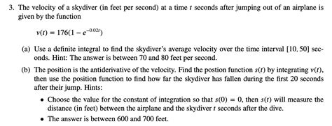 Solved 3 The Velocity Of A Skydiver In Feet Per Second At