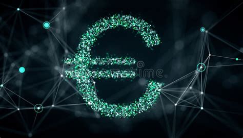 Digital Euro Currency Sign Formed By Glowing Dots And Network Connections On Dark Background 3d