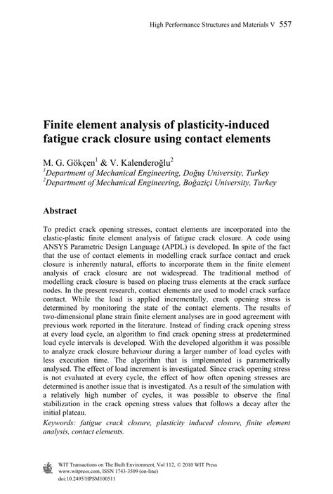 Pdf Finite Element Analysis Of Plasticity Induced Fatigue Crack Closure Using Contact Elements