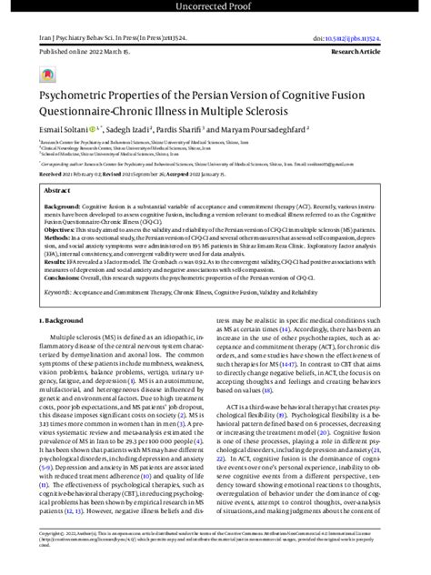 Pdf Psychometric Properties Of The Persian Version Of Cognitive Fusion Questionnaire Chronic