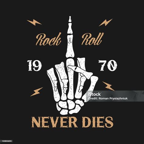 T 셔츠용 로큰롤 음악 그런지 타이포그래피 스켈레톤 핸드가 있는 옷 디자인은 가운데 손가락 제스처를 보여줍니다 슬로건 로큰롤은