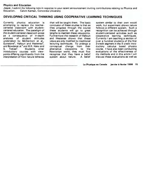 Pdf Developing Critical Thinking Using Cooperative Learning Techniques